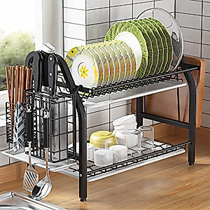 1Easylife Dish Drying Rack, 2 Tier Dish Rack Stainless Steel with Utensil Knife Holder and Cutting Board Holder Dish Drainer with Removable Drain Board for Kitchen Counter Organizer Storage