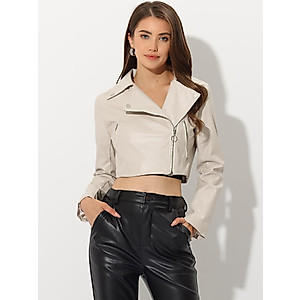 Allegra K Women's Faux Leather Long Sleeve Zipper Up Moto Cropped Jacket X-Large Beige