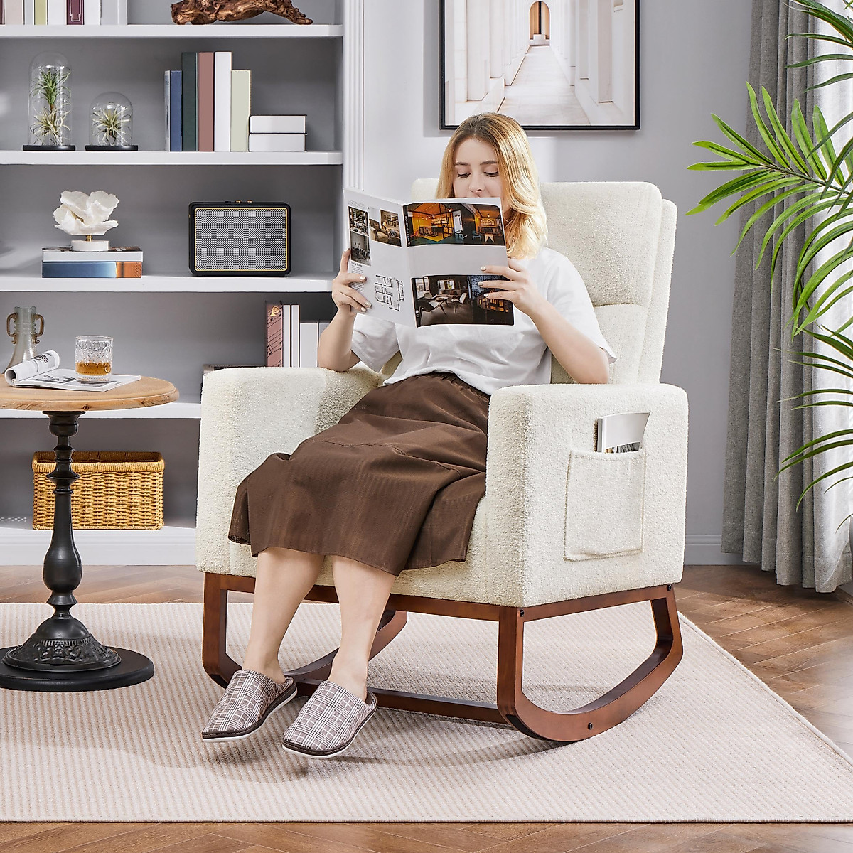 Yaheetech Boucle Living Room Chair, Modern Upholstered Rocking Accent Chair, Glider Chair Nursery Chair with Side Pocket and High Back Armchair for Living Room Bedroom Lounge, Ivory