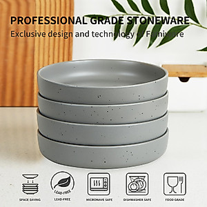 famiware 8.5" Pasta Bowls Set of 4, Dawn Speckled Bowl for Kitchen, Stoneware Dinner Bowl Set for Christmas, Thanksgiving, Microwave Dishwasher Safe, Dark Gray
