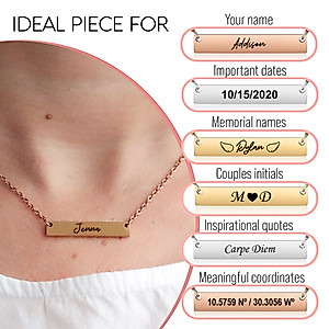 Personalized bar necklace for women, custom engraved stainless steel name plate necklace gift gold, silver and rose gold for mothers day, coordinates, dates, roman numeral, friendship, christmas