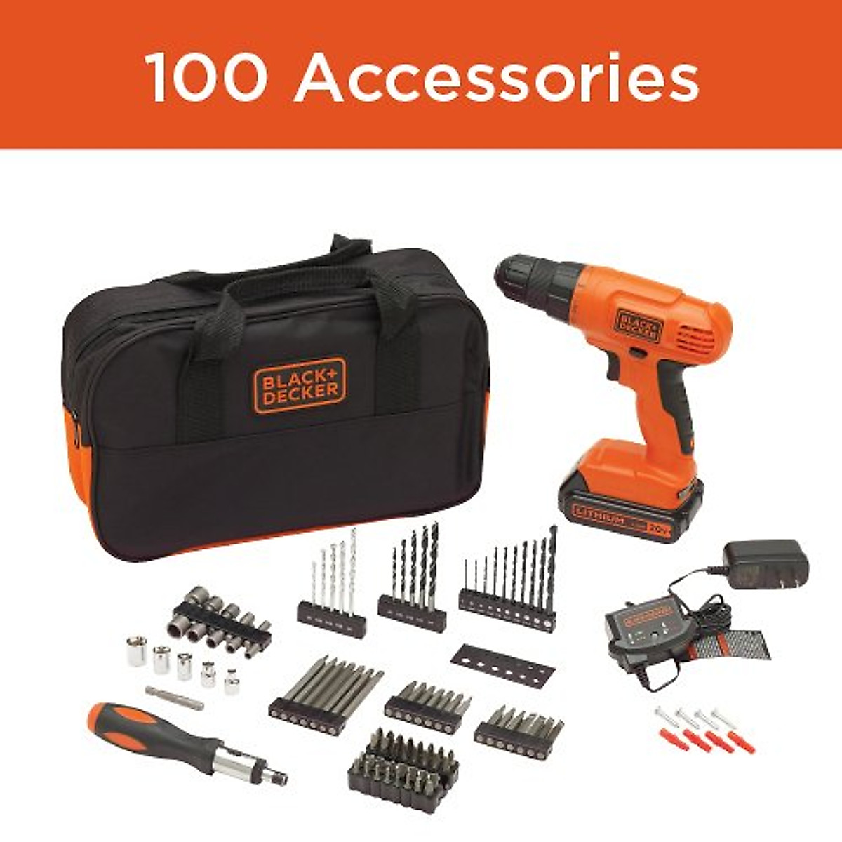 BLACK+DECKER 20V MAX* POWERCONNECT Cordless Drill Kit + 100 pc. Kit (BDC120VA100), Orange