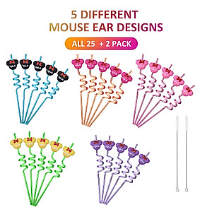 25 Mouse Ear Straws with 2 Cleaning Brush 5 Designs Great for Minnie Theme Birthday as Party Favors and Party Supplies