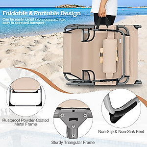 Moccha Folding Tanning Chair, Beach Lounger with Face Hole, 5-Position Adjustable Backrest, Side Pocket, Removable Pillow, Portable Bench Lounge Chairs for Outside Patio Pool Lawn (1, Beige)