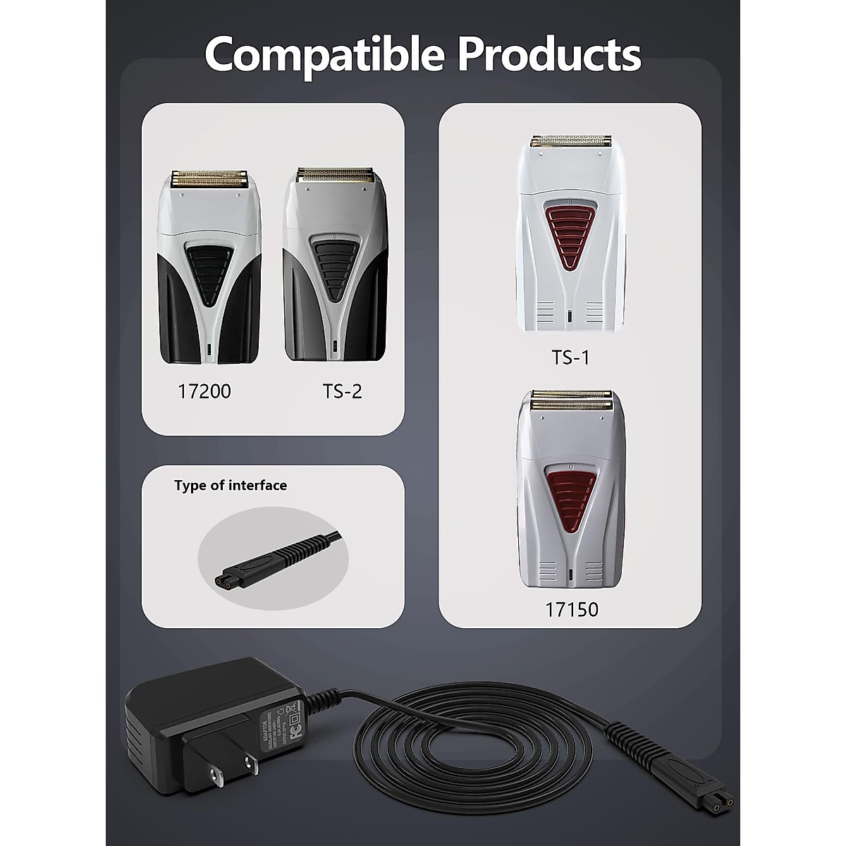 5V 1A Charger for Andis Shaver Andis Charger Power Cord Adapter Replacement for 17150 TS-1 17220 17195 Profoil 17190 17165 17170 17205 17220 Lithium Titanium Plus TS-2 Replacement Pro Foil Shaver- 5Ft