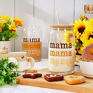 Whaline Gifts for Mother from Daughter Boho Mama Drinking Glasses with Bamboo Lids and Straw 2Pcs Mothers Day Gifts Ice Coffee Cup for Cocktails Whiskey Beer Soda Mother Gifts