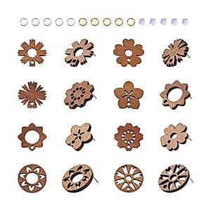Pandahall 32Pcs Wood Stud Earring Findings Flower Earring Posts for Jewelry Making with 50pcs Earring Backs & 100Pcs Jump Rings