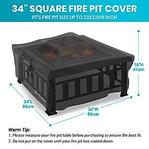Velway Square Gas Fire Pit Cover - Outdoor Heavy Duty Patio Fire Pit Cover Fits for 28-34 Inch Waterproof Windproof Full Coverage Dustproof Anti UV&Tear Resistant, 34"x34"x16", Black