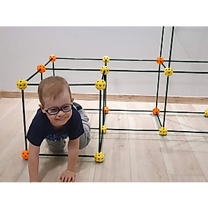 Construction Fort Building Kit 85 Pieces and Storage Bag - Build Castles Tunnels Tents Rocket- Creativity and Teambuilding - Great Discovery of Manual Skills Orange Yellow…