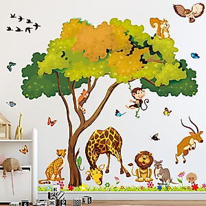 Jungle Animal and Tree Wall Decals Removeable DIY Flower Lion Giraffe Owls Wall Sticker Peel and Stick Wall Decor for Nursery Kids Room Bedroom Living Room