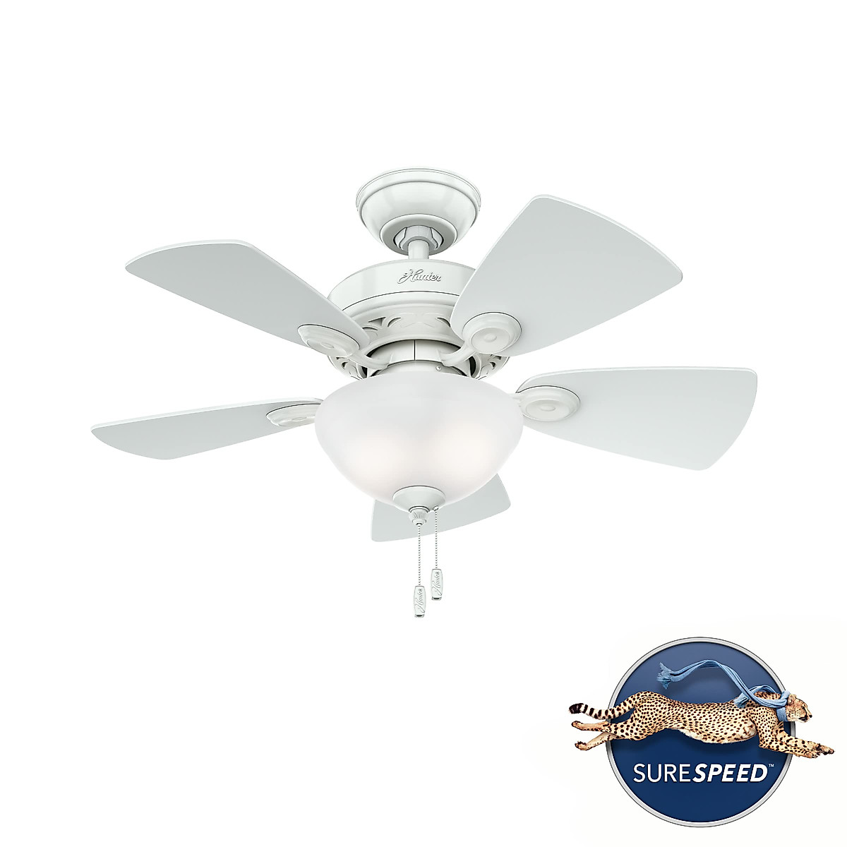 Hunter Fan Company, 52089, 34 inch Watson Snow White Ceiling Fan with LED Light Kit and Pull Chain