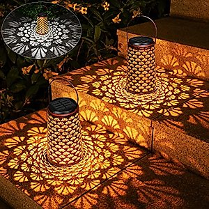 JSOT Solar Lanterns Outdoor Waterproof,2 Pack Hanging Lantern Decorative Metal Outdoor Lights for Backyard Porch Patio Table Yard Balcony Teepee Lawn Pathway Tree 2 Modes Warm/Cool White