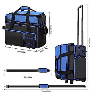 Double Roller Bowling Bag with Shoes Compartment, Large Capacity Bowling Ball Bag with Multi-Pockets for 2 Bowling Ball and Accessories, 2 Ball Bowling Bag with wheels & Retractable Handle (Blue)