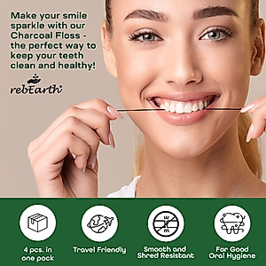 rebEarth Deep Clean Charcoal Black Floss Refill - Oral Care Dental Flossers Threaders Roll with Mint Flavored, 30m Bamboo Earth Silk Smooth & Shred Resistant Zero Waste Plastic Free (Pack of 4)