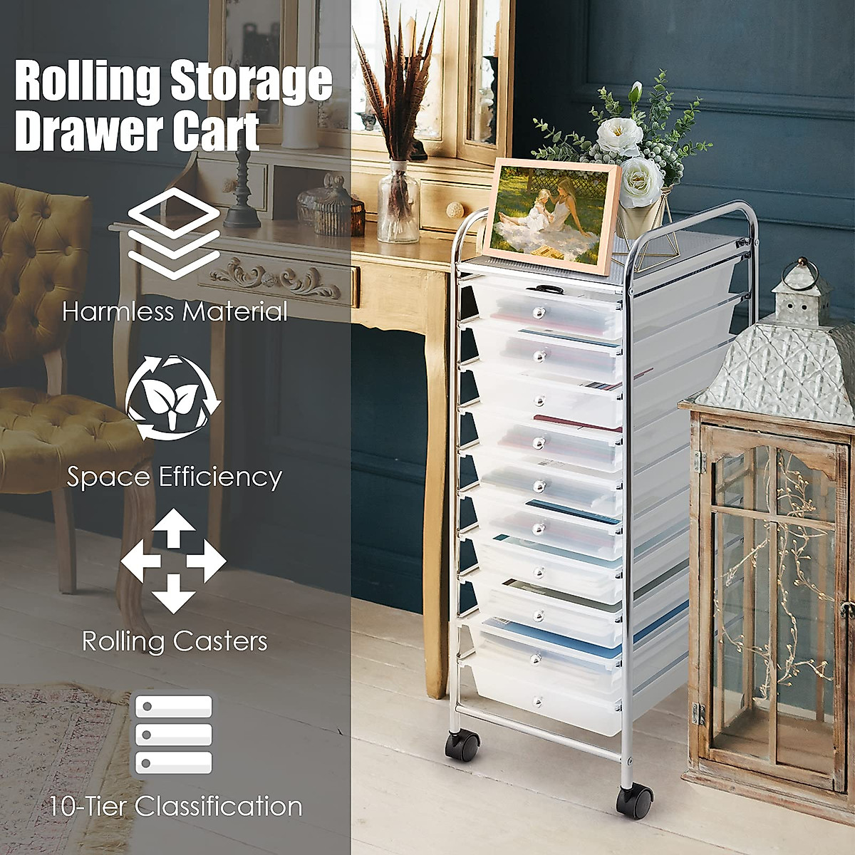 GOFLAME Rolling Drawer Cart with 10 Drawers, Utility Storage Organizer Cart with Wheels and Metal Frame, Art Cart for Office, School, Home, Clear