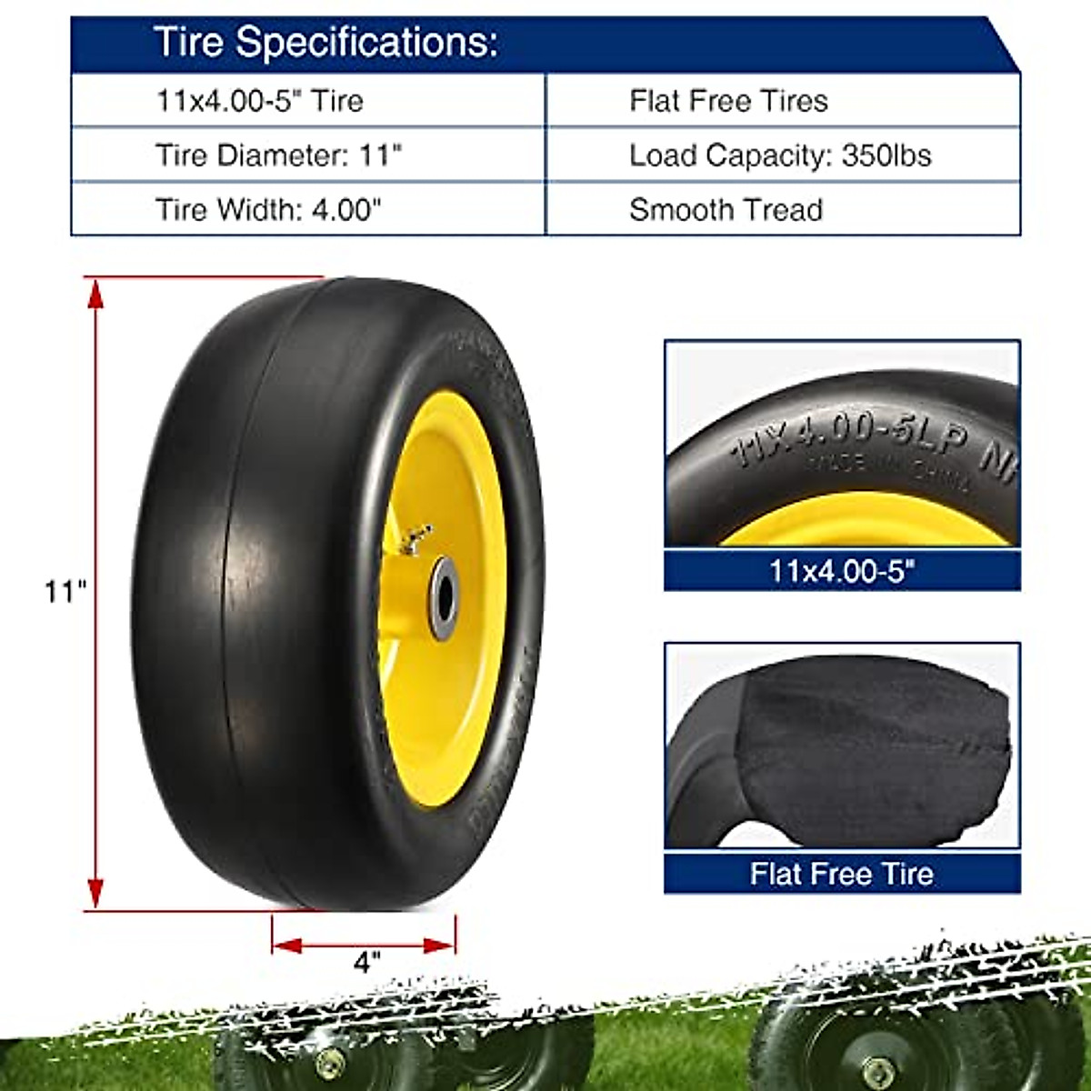 MaxAuto 11x4.00-5" Flat Free Zero Turn Mowers Tire on Wheel, 3/4" or 1/2" Bushings, 3.4" Centered Hub - Hub Length 3.4"-5", Universal Fit Smooth Tread Tire for Zero Turn Lawn Mowers, Set of 2