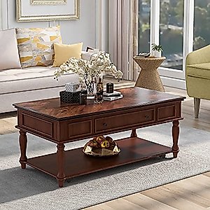 AOCOROE Large Wood Coffee Table with Lockable Casters French Country Style Coffee Table with Drawers. 47 Inch Center Table for Living Room