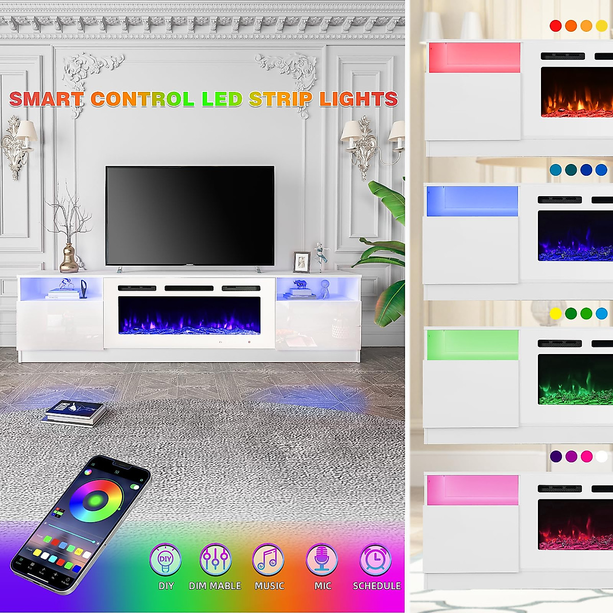 EROMMY 80'' Fireplace TV Stand with 40'' Electric Fireplace, Entertainment Center with 16 Color Led Lights and 12 Flame Fireplace Insert Heater, TV Console for TVs up to 90'' for Living Room, White