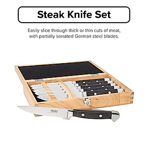 Viking Culinary German Stainless Steel Pakkawood Steak Knife Set, 6 Piece, Includes Wooden Gift Box, Handwash Only, Water & Stain Resistant Handles, Black