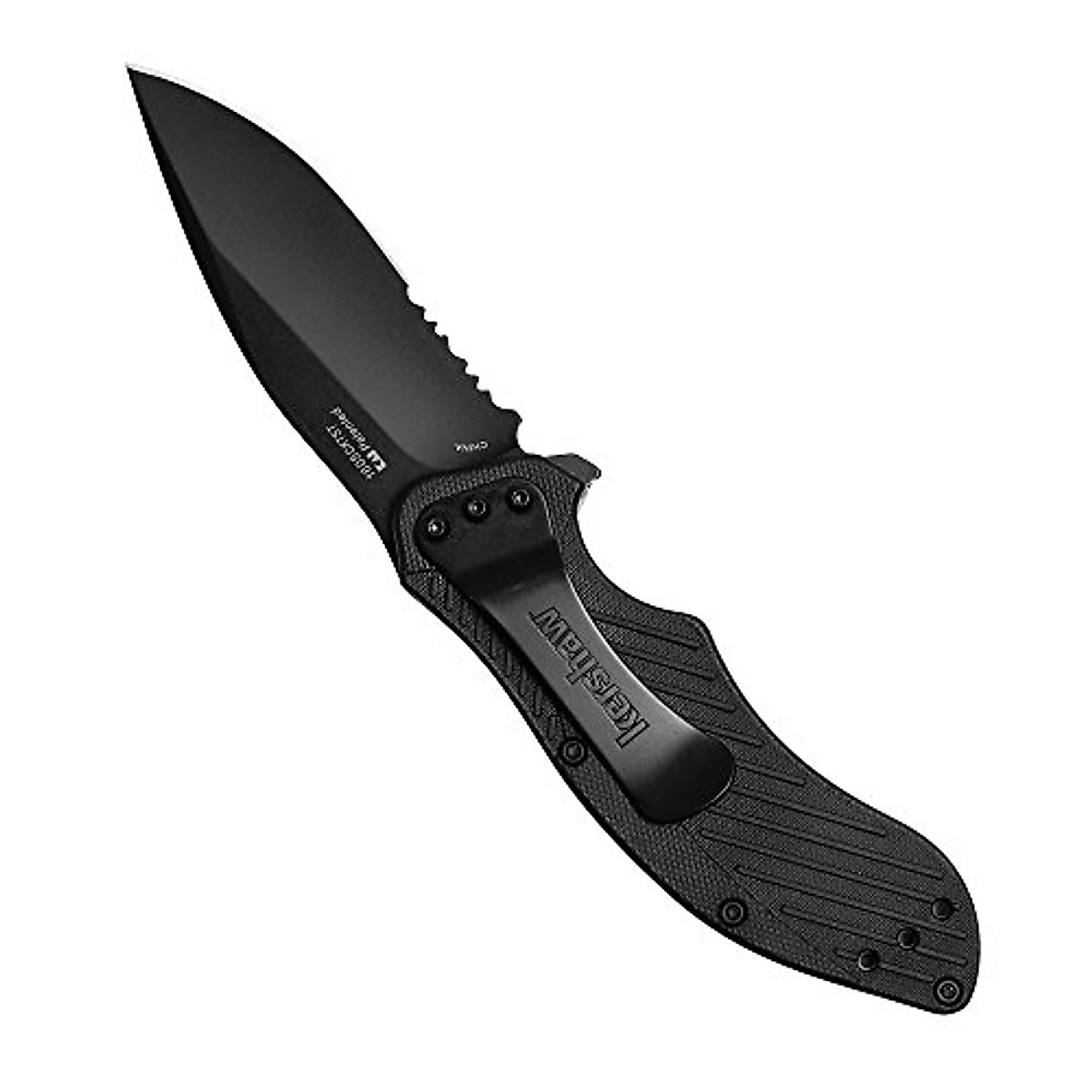 Kershaw Clash Black Serrated Pocketknife, 3" 8Cr13MoV Steel Drop Point Blade, Assisted One-Handed Flipper Opening, Folding Utility EDC