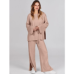 ANRABESS Womens 2 Piece Outfits Oversized Knit Sweater Set Wide Leg Pant Cozy Lounge Matching Pajama Sets 2024 Trendy Clothes Deep Apricot X-large