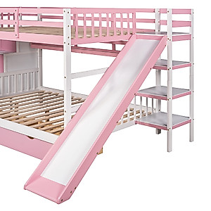 Full-Over-Full Bunk Bed, Castle Style Bunk Bed with 2 Drawers and 3 Shelves, Solid Wood Bunk Beds with Slide and Storage Staircase, Playhouse Low Bunk Bed for Kids Teens Boys Girls (Pink-O273)