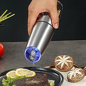 Premium Gravity Electric Salt and Pepper Grinder Set of 2, Automatic One Hand Pepper Mills with LED Light, Automatic Pepper and Salt Mill Grinder Battery-Operated with Adjustable Coarseness