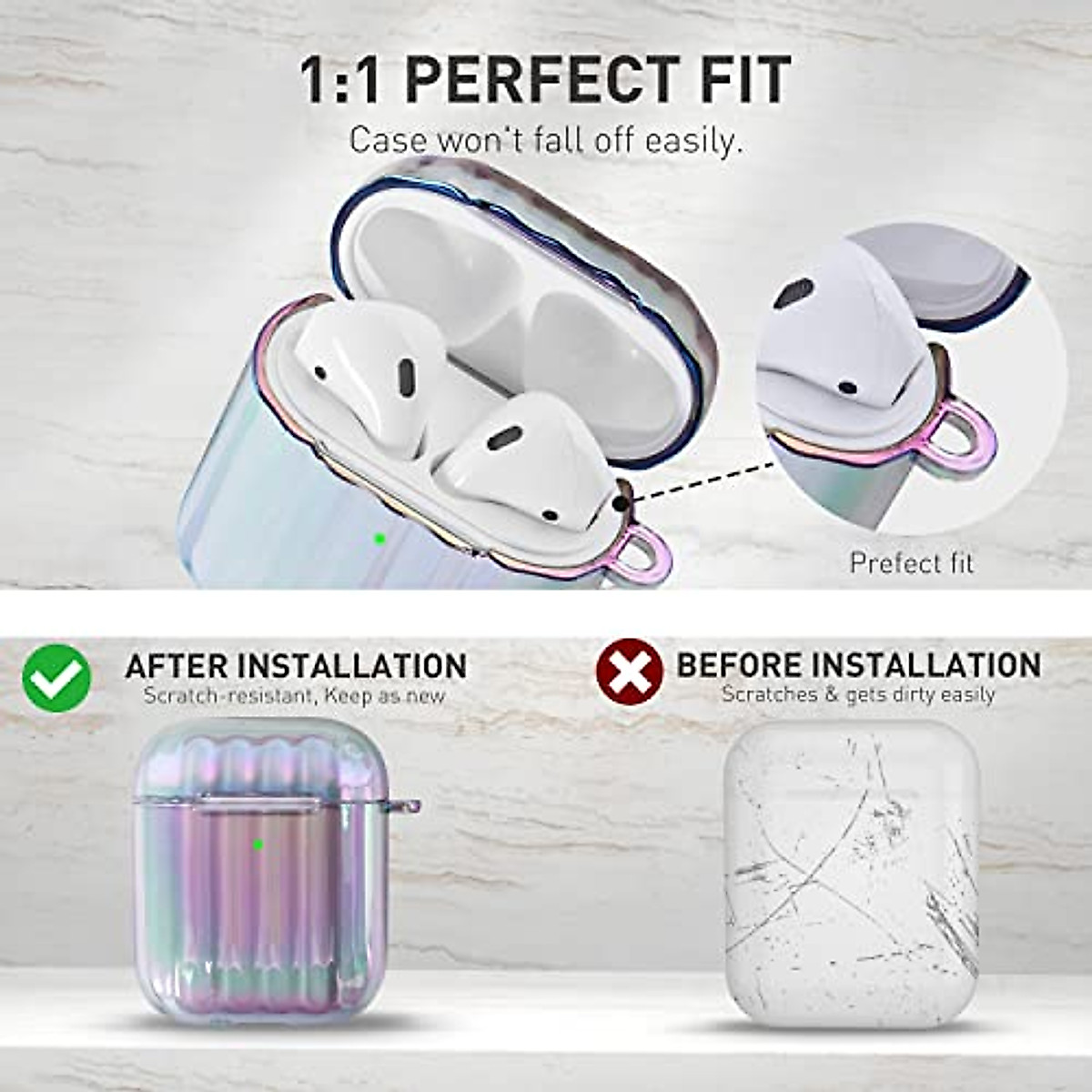 Aiiko Compatible Airpods Case Cover, Airpod Case 2nd /1st Generation Clear Lasher Hard PC Iridescent Colorful Air Pod Case with Pompom Keychain/Glitter Hand Lanyard/Tassel for Girls Women-Clear Purple