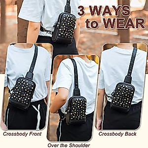 CENUNCO Genuine Leather Sling Bag for Women Small Leather Crossbody Sling Backpack Rivet Style Chest Anti-Theft Black Phone Purse with Card Slots Casual Daypack