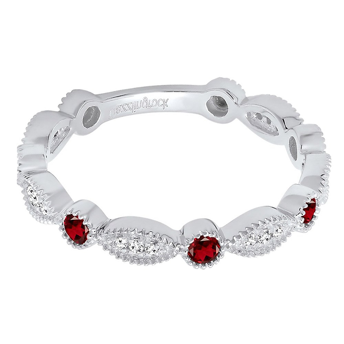 Dazzlingrock Collection Alternating Round Garnet & White Diamond 7 Stone Stackable Wedding Band Ring for Women in 14K White Gold, Size 7