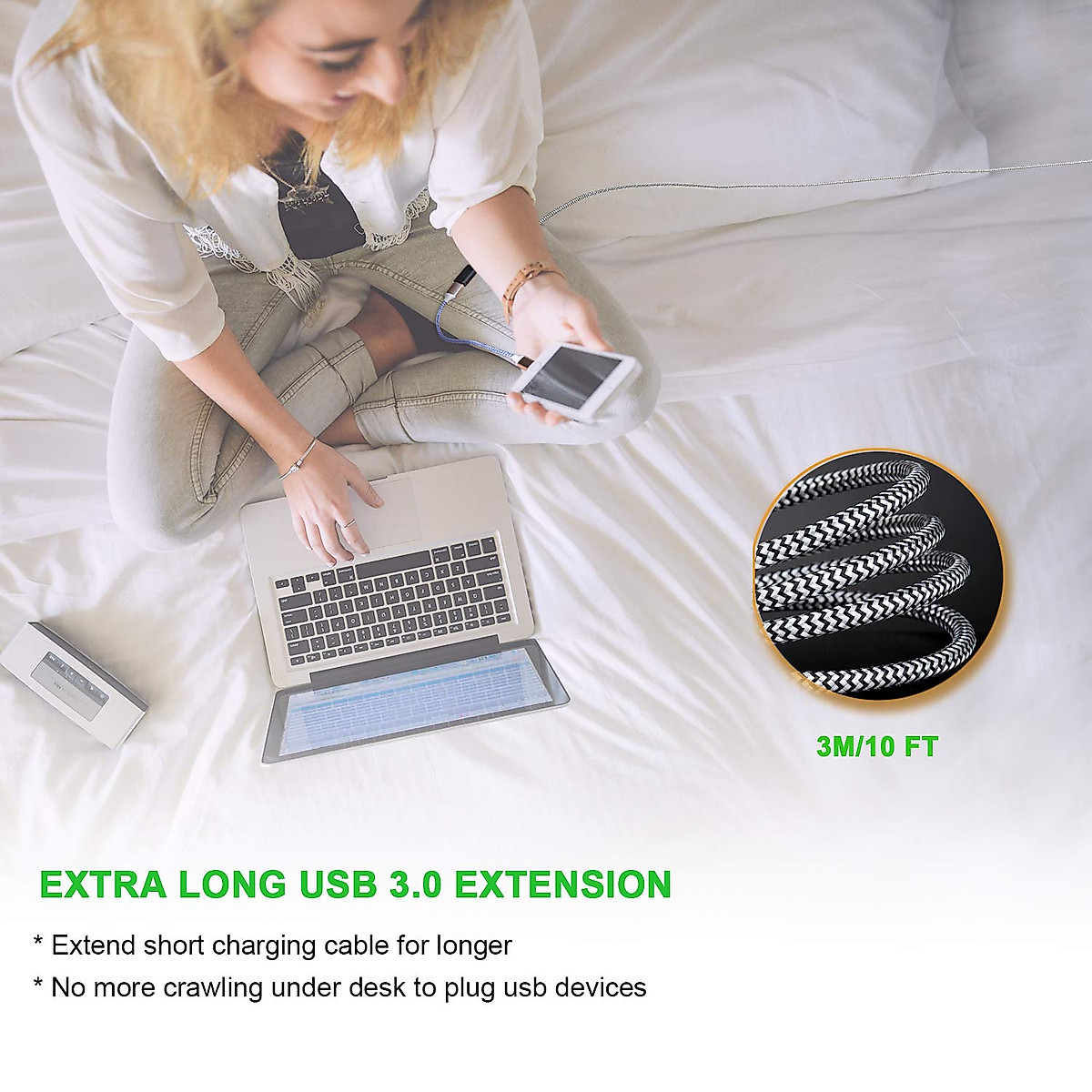 USB 3.0 Extension Cable, Besgoods 2-Pack 10ft USB to USB Extension Cable Braided USB Extender Cable - A Male to A Female Fast Data Extension Cord with Gold-Plated Connector – White