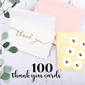 100 Heavyweight Blank Thank You Cards with Envelopes - Blank Cards and Envelopes - Thank You Cards Wedding with Envelopes Set - Gold Script Thank You Notes - Thank You Cards Bridal Shower (100 Pack)