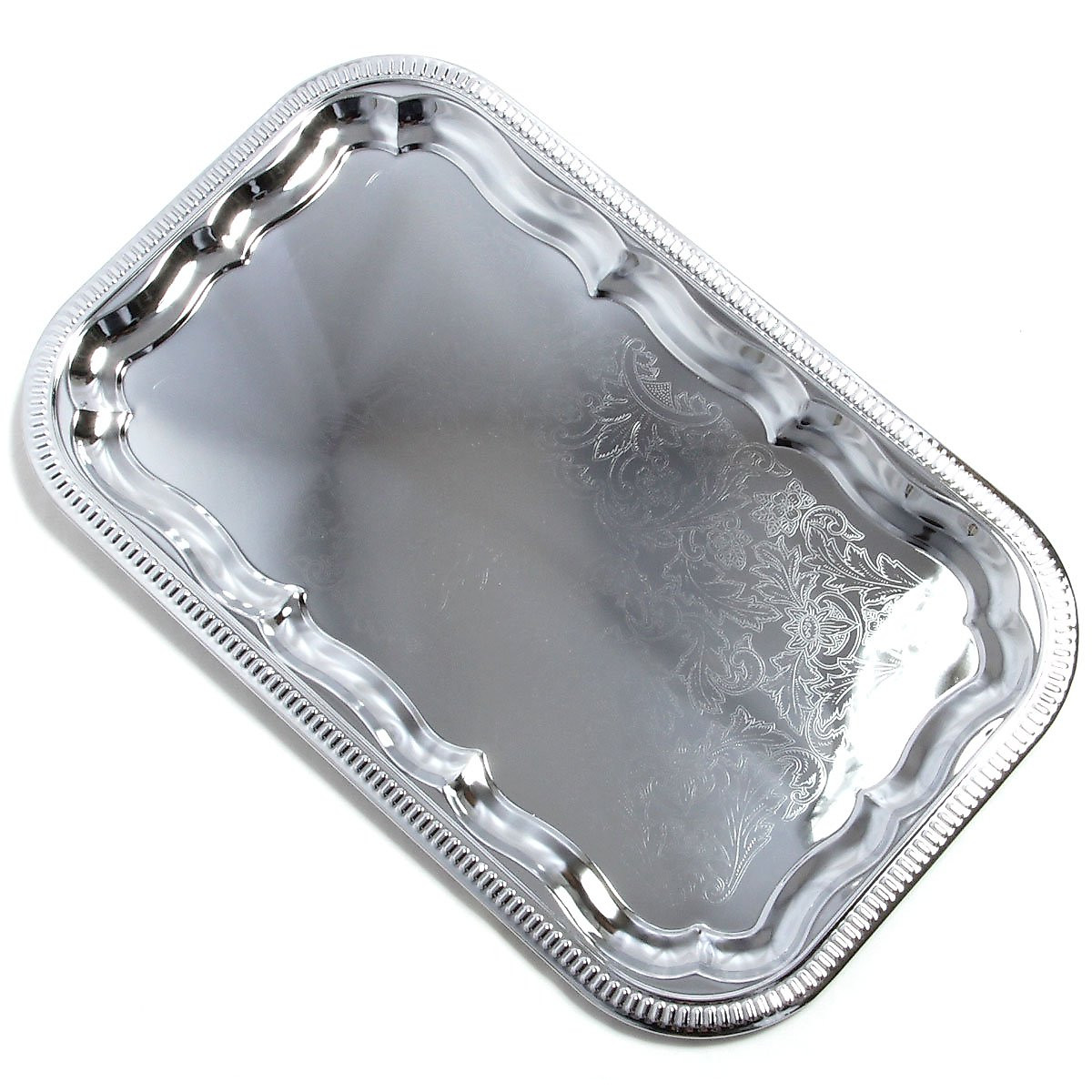 Maro Megastore (Pack of 4) 20.9" x 12.8" Traditional Rectangular Trim Floral Pattern Engraved Catering Chrome Plated Serving Plate Mirror Tray Platter Tableware Holiday Party Serving (Large) T227L-4PK