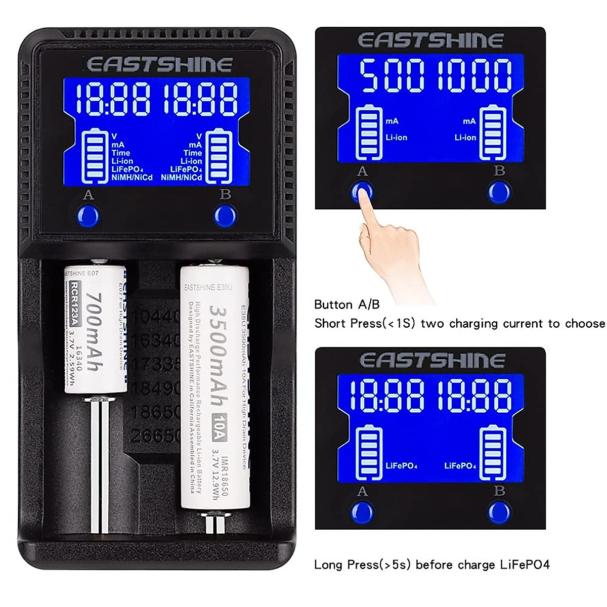 EASTSHINE Universal Smart Battery Charger 2 Slots for Rechargeable Batteries 1.2V Ni-MH Ni-Cd AA AAA C 3.2V LiFePO4 3.7V Li-ion IMR 18650 26650 21700 16340 14500 18500 10440 18350 RCR123A UL Listed
