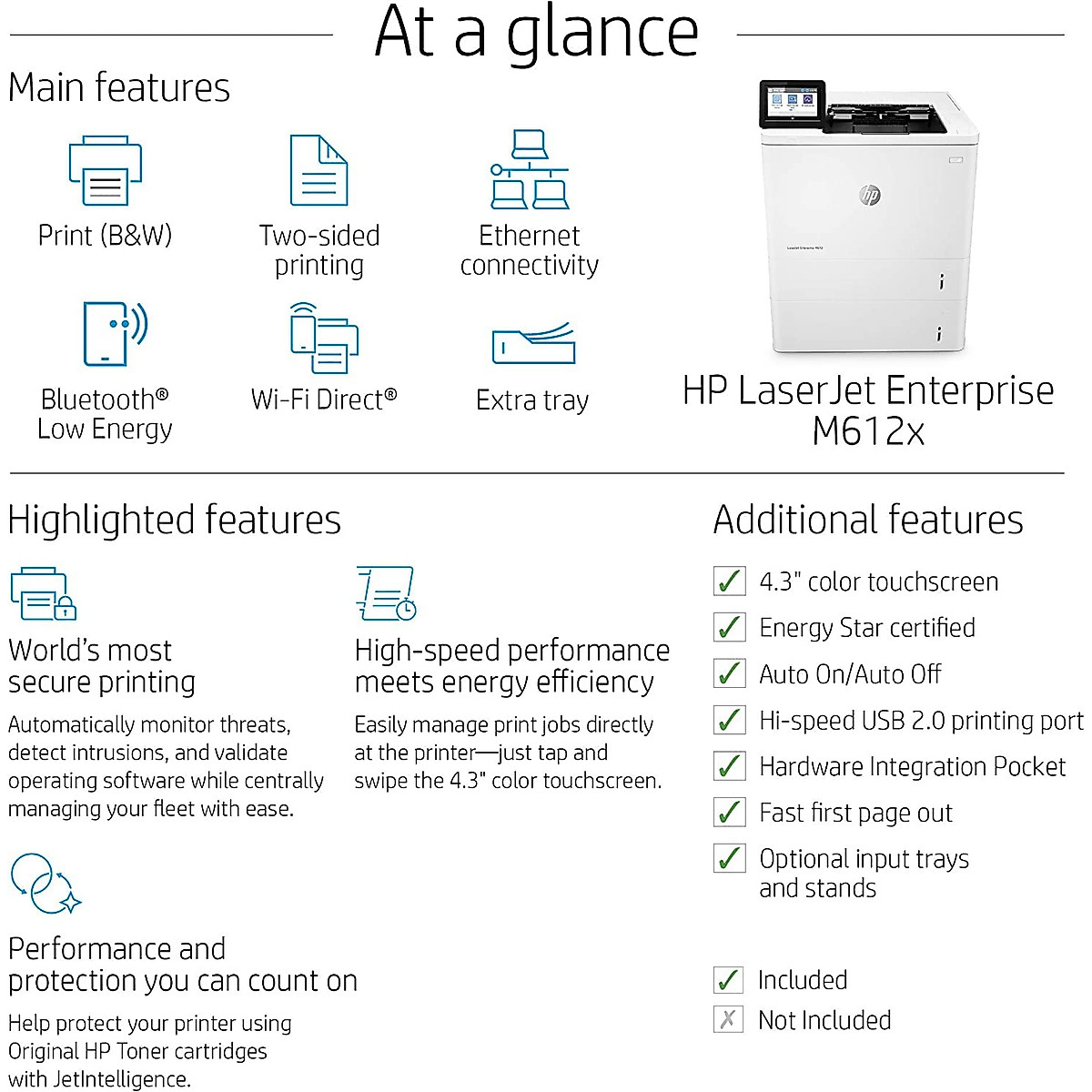 HP Laserjet Enterprise M612x Single-Function Wireless Monochrome Laser Printer, White - Print only - 4.3" Touchscreen, 75 ppm, 1200 x 1200 dpi, Auto Duplex Printing, Ethernet - Cbmou External Webcam