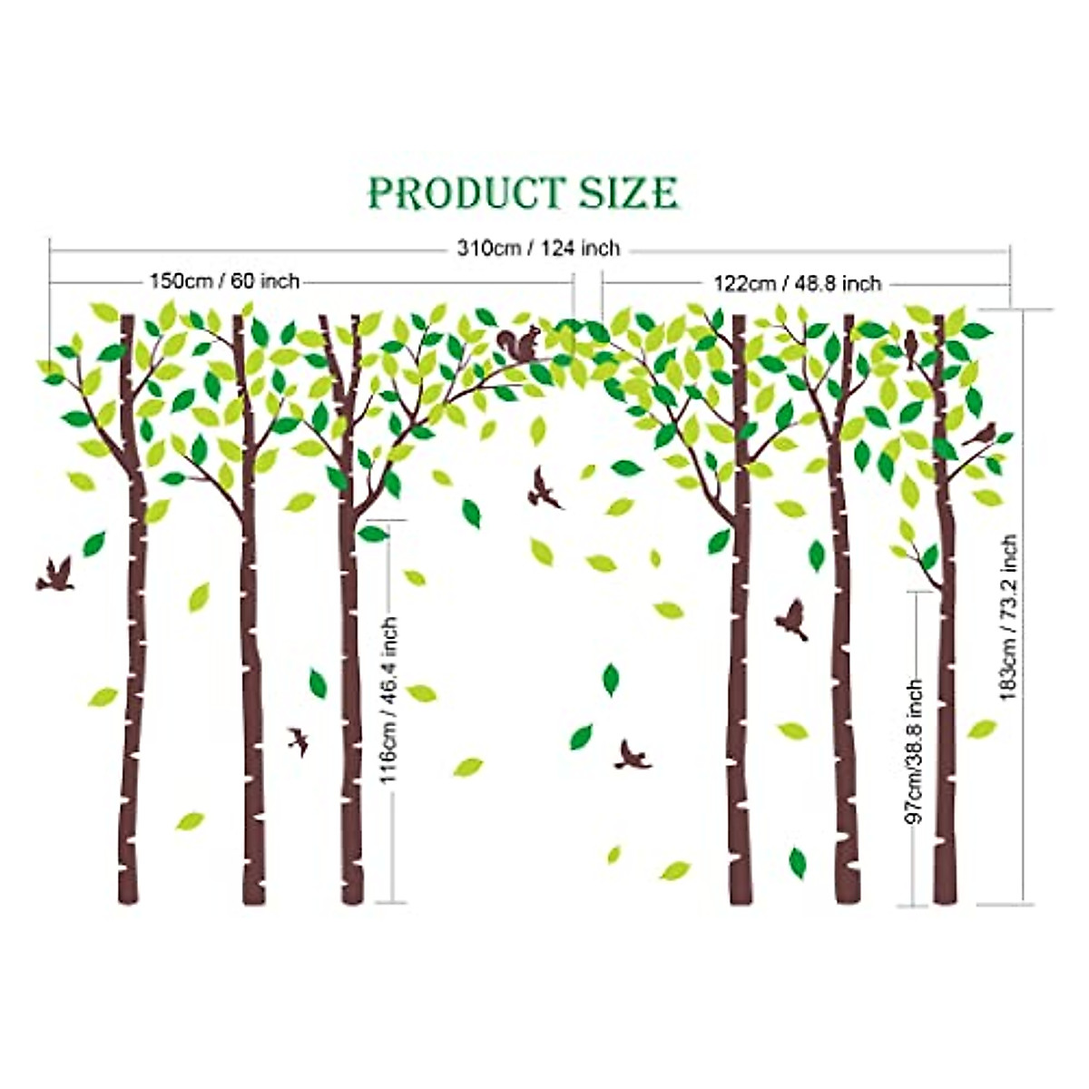 Six Birch Tree Wall Decals Birds Cute Squirrel Forest Wall Stickers for Kids Room Nursery Bedroom Living Room Classroom Decoration (Brown,Green)