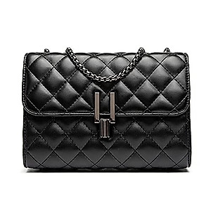 Small Quilted Crossbody Handbag or Shoulder Bag with Flap Purse with Chain Strap for Women (Black - Graphite Chain)