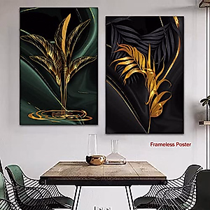 Black And Gold Leaf Wall Art Green Golden Leaves Poster Black And Gold Abstract Poster Green Nordic Wall Art Black Gold Canvas Art Black And Gold Bathroom Pictures Wall Decor 20x28inx3 No Frame