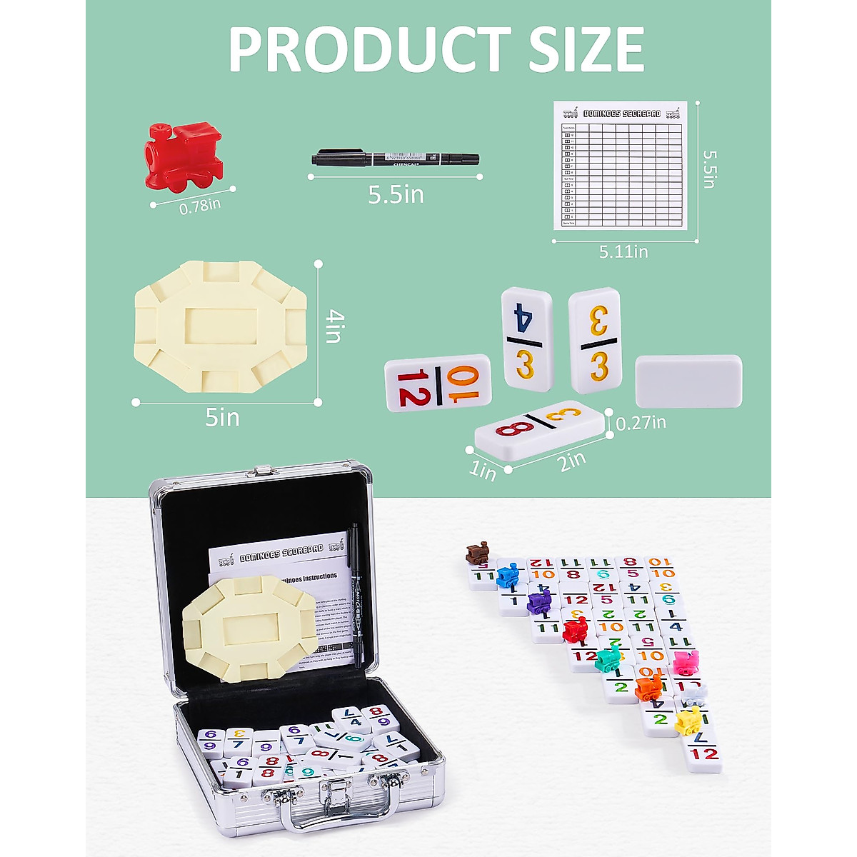 KAILE Mexican Train Dominoes Set with Numbers, 91 Tiles Double 12 Colored Dominoes Game Set with Aluminum Case for Families Kids 2-4 Players