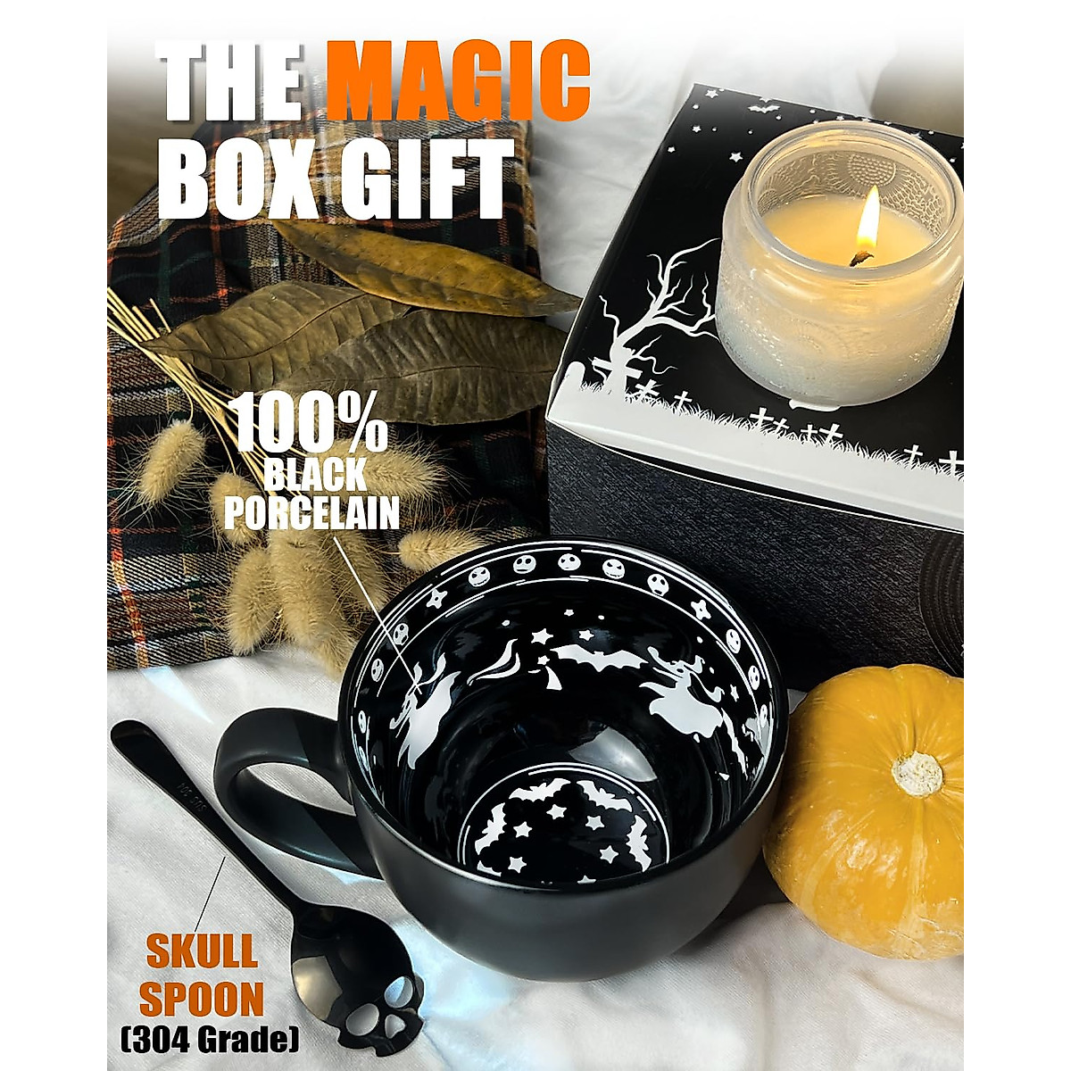 Christmas Gifts, Nightmare Midnight Skull Coffee Mugs with Spoons, Halloween Birthday White Elephant Weird Gifts for Women Men Girl Friends, Halloween Spooky Witchy Gothis Decor Horror Novelty Tea Cup