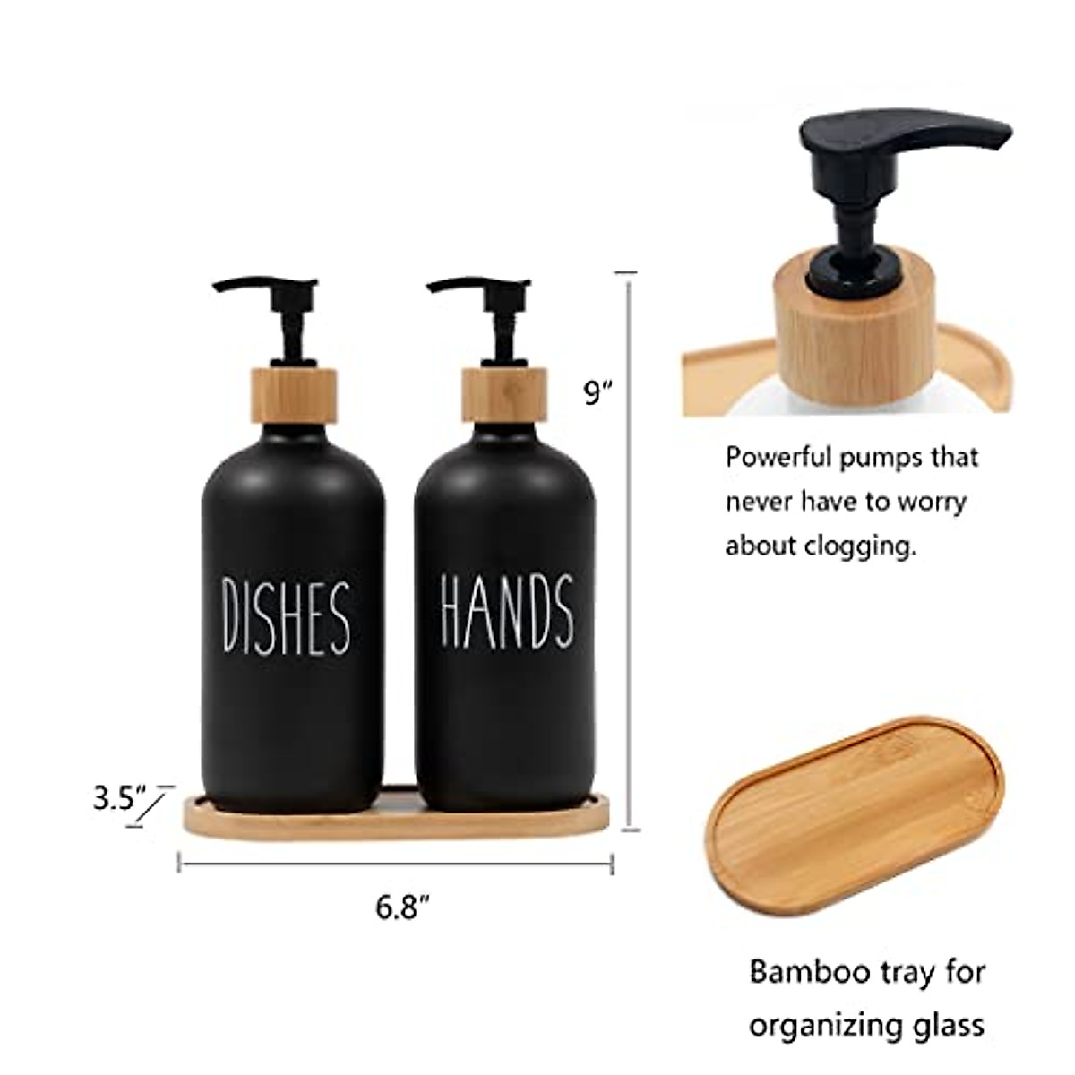 Funly mee 2 Pack Farmhouse Glass Soap Dispenser Set with Wood Tray, Hand Soap and Dish Soap Dispenser Set for Kitchen and Bathroom (Black -2pack)