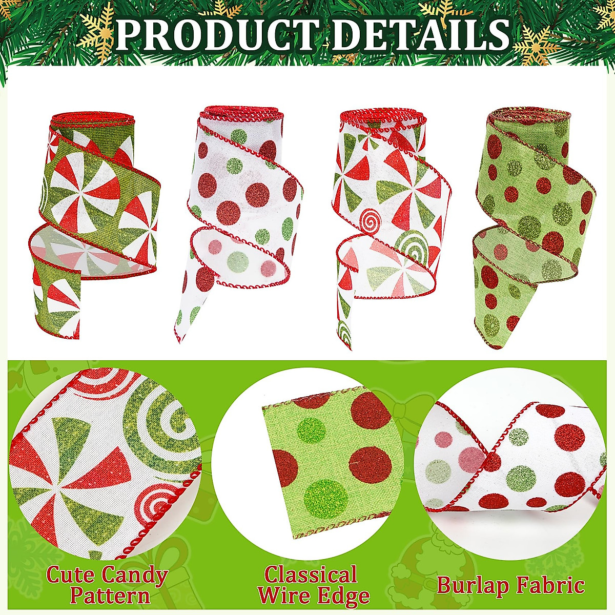 Christmas Ribbon Wired 24 Yard 2.5 Inch Wide Christmas Tree Ribbon Candy Dot Ribbon for Wrapping, Christmas Tree, Wreath, Garland, Home Decor