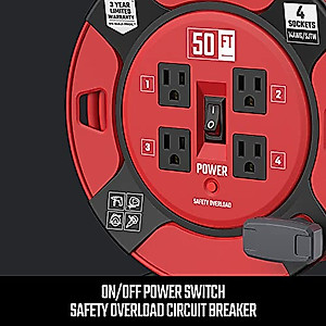 CRAFTSMAN Retractable Extension Cord Reel 50 Ft. With 4 Outlets & Heavy Duty 14AWG SJTW Cable