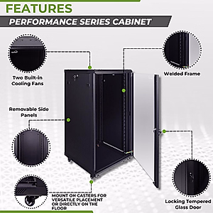 NavePoint 22U Server Cabinet Wall Mount Rack Enclosure with Caster Wheels, 2 Fans, Locking Glass Door, Removable Side Panels – 22U Network Cabinet 23.6” Deep, 19” Server Rack for A/V Equipment