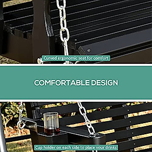 Outsunny Porch Swing with Stand and Cupholders, 2 Person Wooden Patio Swing Chair, 440 lbs. Weight Capacity, for Garden, Poolside, Backyard, Black