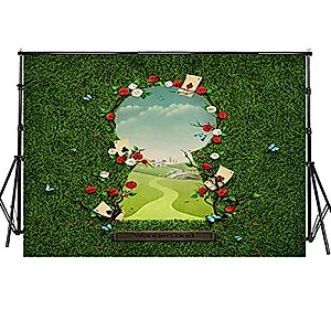 Sensfun 7x5ft Wonderland Photography Backdrop Fantasy Fairy Tale Green Grass Gate Wonderland Photo Background for Girls Baby Shower Birthday Tea Party Decorations Portrait Photo Booth Props (SXY1326)