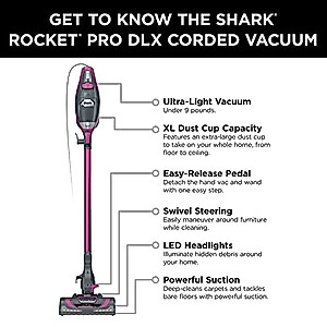 Shark HV371 Rocket Pro DLX Corded Stick, Removable Hand Vacuum, Advanced Swivel Steering, XL Cup, Crevice Tool, Upholstery Tool & Anti-Allergen Dust Brush, Fuchsia, Capacity