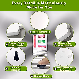 Tclouda Bag Organizer for Ziplock, Foil and Plastic Wrap Organizer, 6 in 1, Bamboo Dispenser with Cutter for Kitchen Drawer and Wall Mounted, Storage for Gallon, Quart, Sandwich, Snack, White