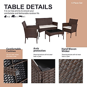 SUNLEI 4 Pieces Outdoor Patio Furniture Sets Conversation Sets Rattan Chair Wicker Set,Coffee Table,Outdoor Indoor Use Backyard Porch Garden Poolside Balcony Furniture(Brown Rattan/White)