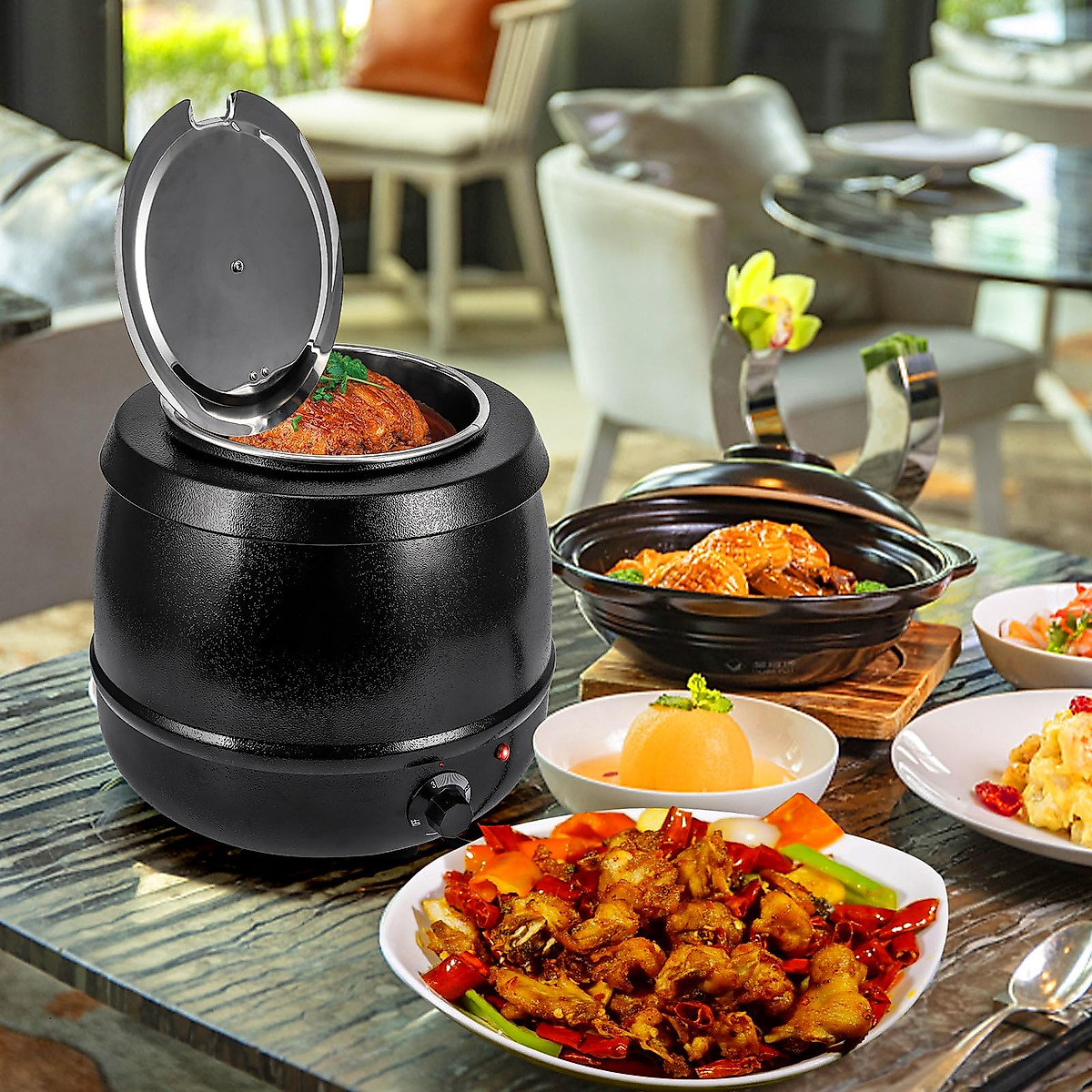 GARVEE 10.5Qts Soup Warmer Commercial Stainless Steel Insert Pot Electric [Black] Soup Kettle Warmer Temperature Control Knob for Big Family Gathering and Restaurant